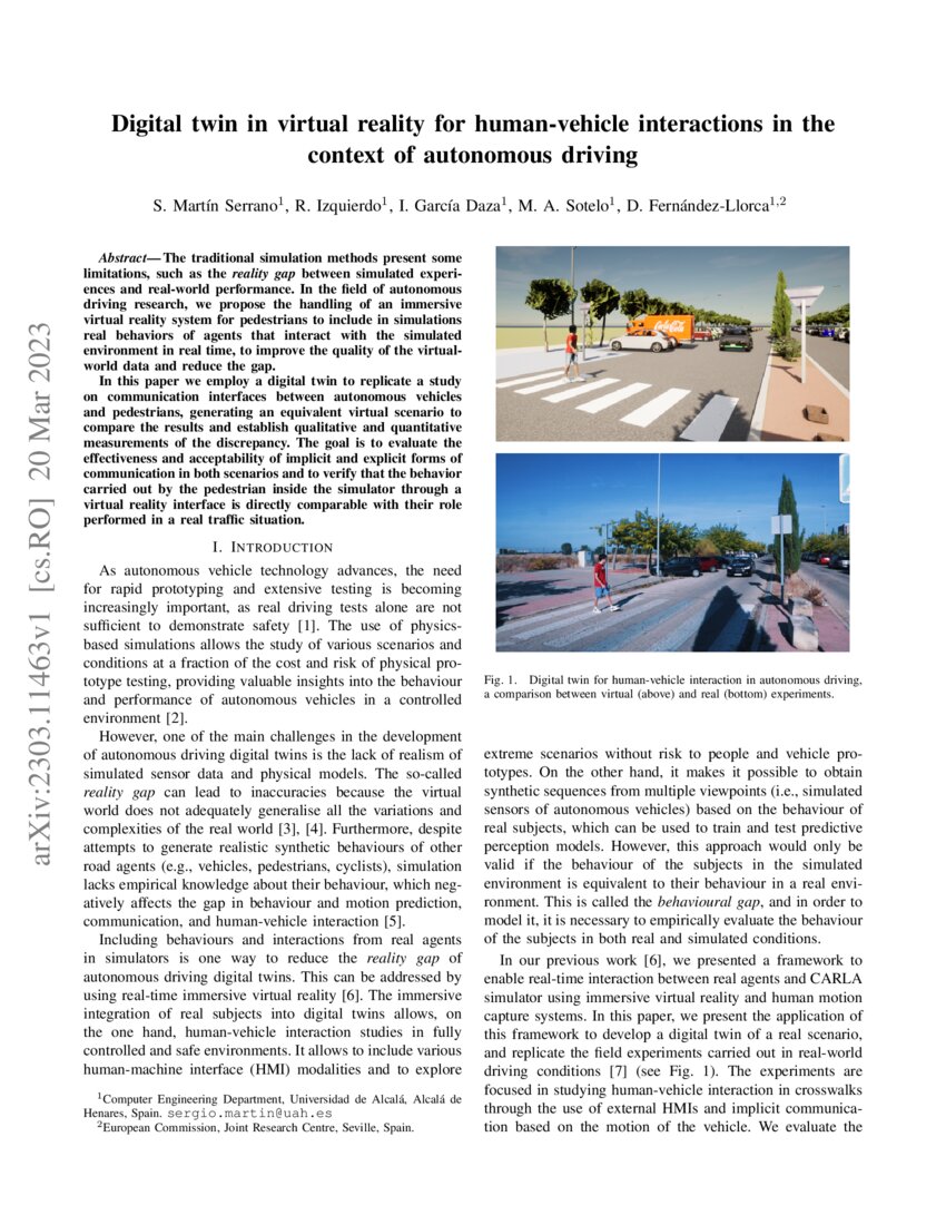 Digital Twin In Virtual Reality For Human Vehicle Interactions In The