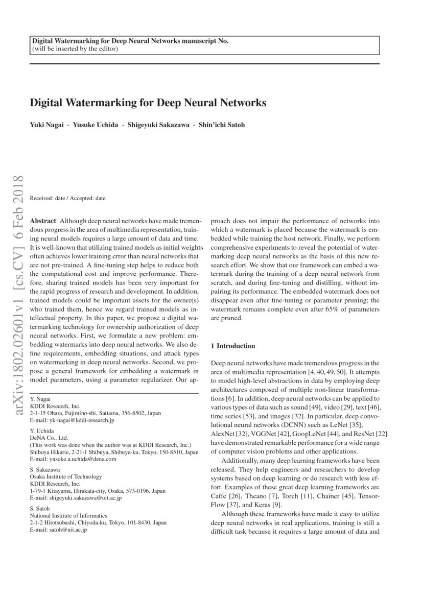 Digital Watermarking for Deep Neural Networks | DeepAI