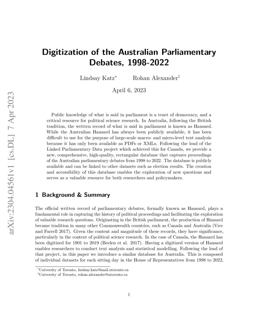 Digitization of the Australian Parliamentary Debates, 1998-2022 | DeepAI