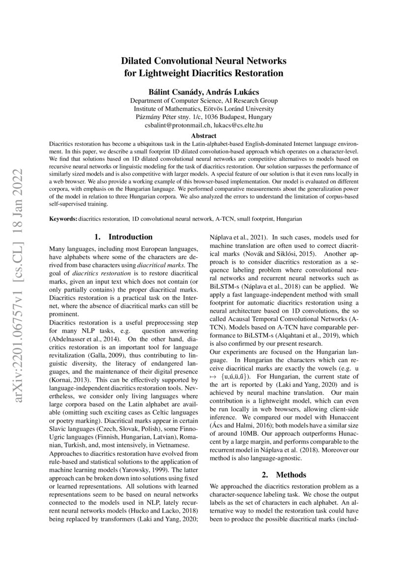 Dilated Convolutional Neural Networks for Lightweight Diacritics Restoration | DeepAI