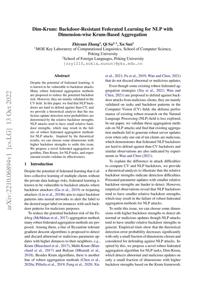 Dim-Krum: Backdoor-Resistant Federated Learning for NLP with Dimension-wise Krum-Based ...