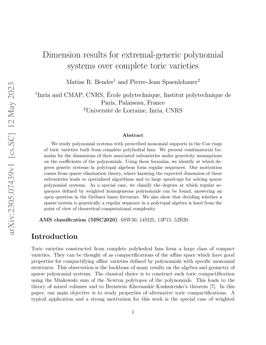 Dimension results for extremal-generic polynomial systems over complete toric varieties | DeepAI