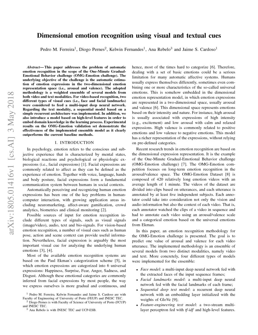Dimensional emotion recognition using visual and textual cues | DeepAI