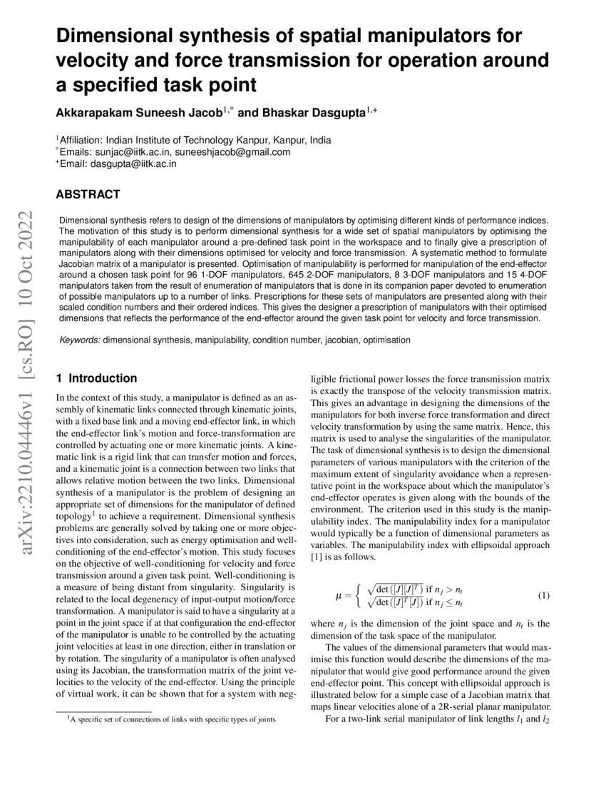 Dimensional synthesis of spatial manipulators for velocity and force transmission for operation ...
