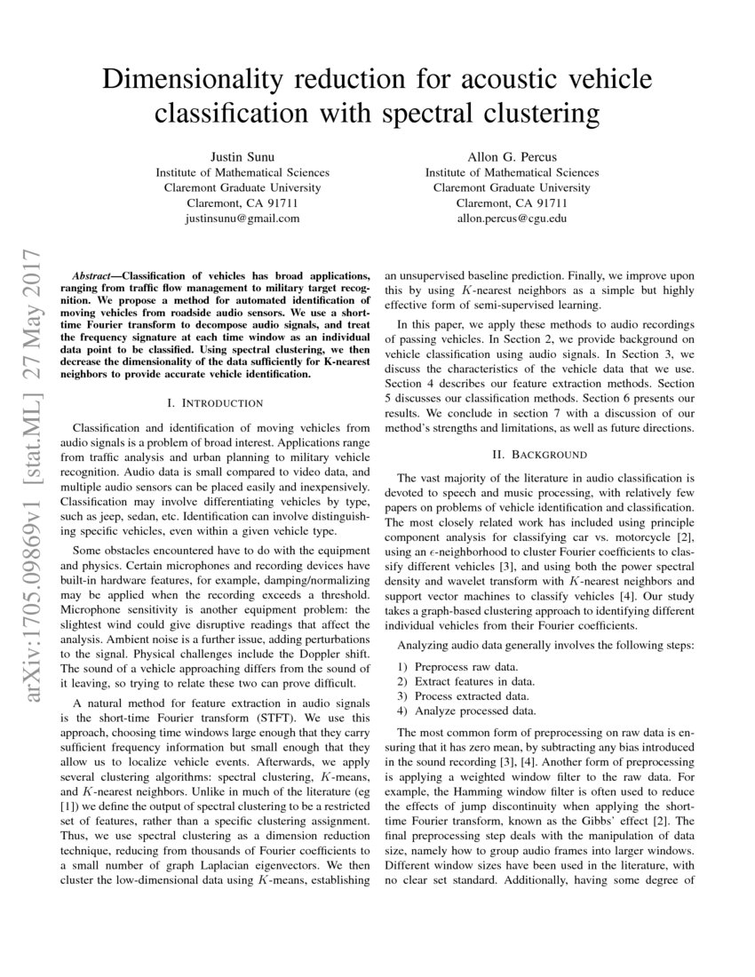 Dimensionality Reduction For Acoustic Vehicle Classification With Spectral Clustering Deepai