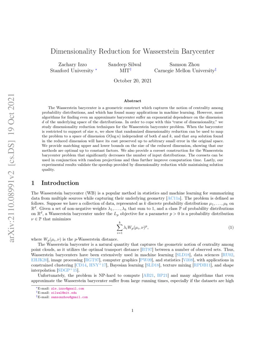 Dimensionality Reduction for Wasserstein Barycenter | DeepAI