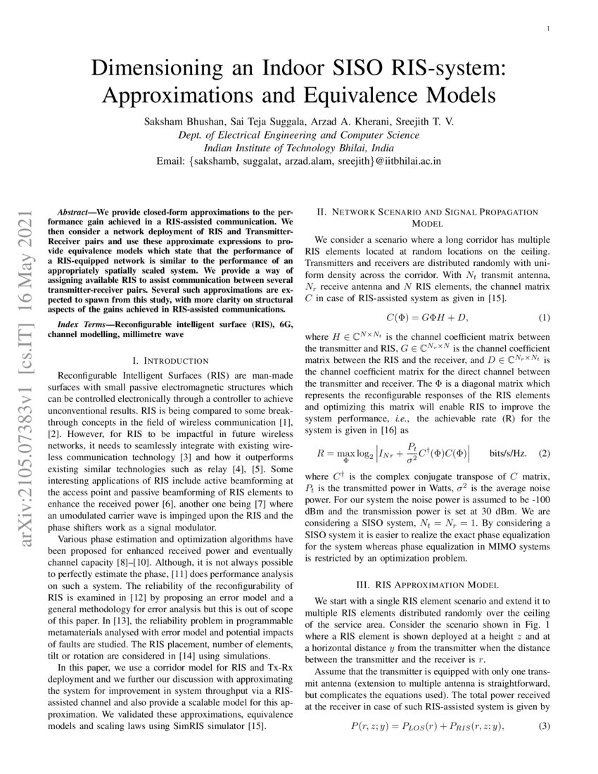 Dimensioning an Indoor SISO RIS-system: Approximations and Equivalence ...