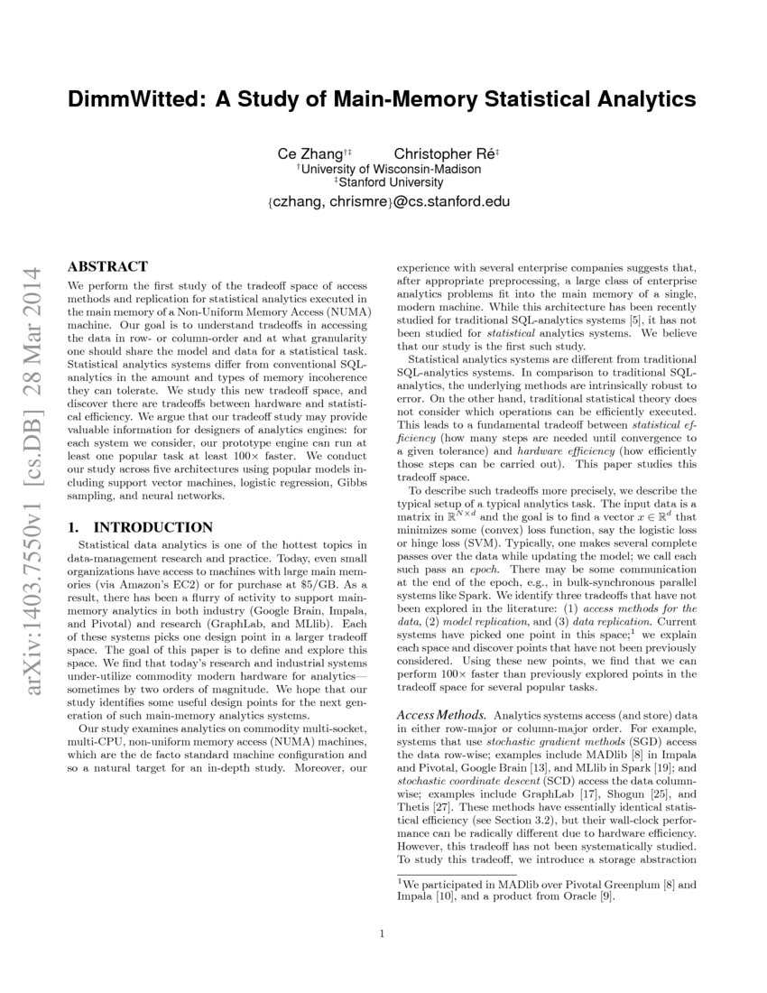 DimmWitted: A Study of Main-Memory Statistical Analytics | DeepAI