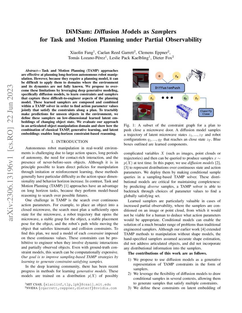 DiMSam: Diffusion Models as Samplers for Task and Motion Planning under Partial Observability ...