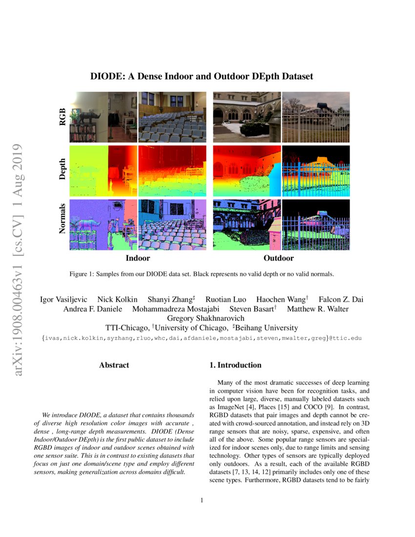 DIODE: A Dense Indoor and Outdoor DEpth Dataset | DeepAI