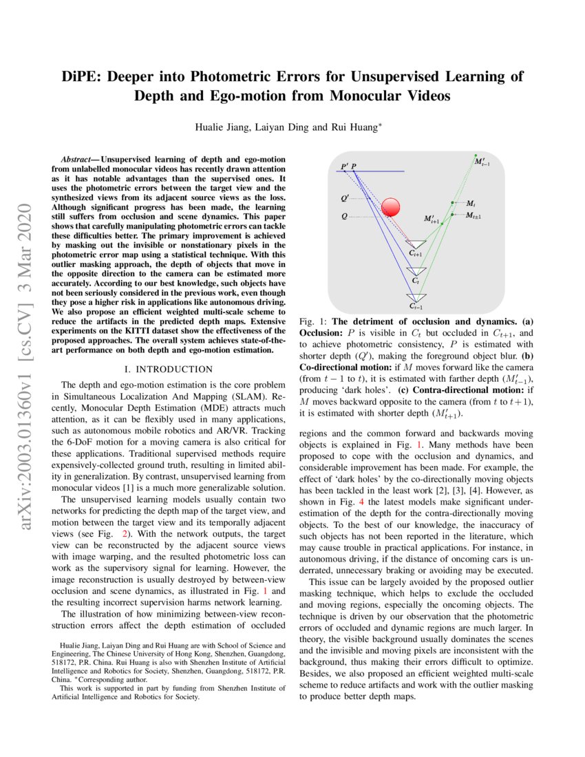 DiPE: Deeper into Photometric Errors for Unsupervised Learning of Depth and Ego-motion from ...