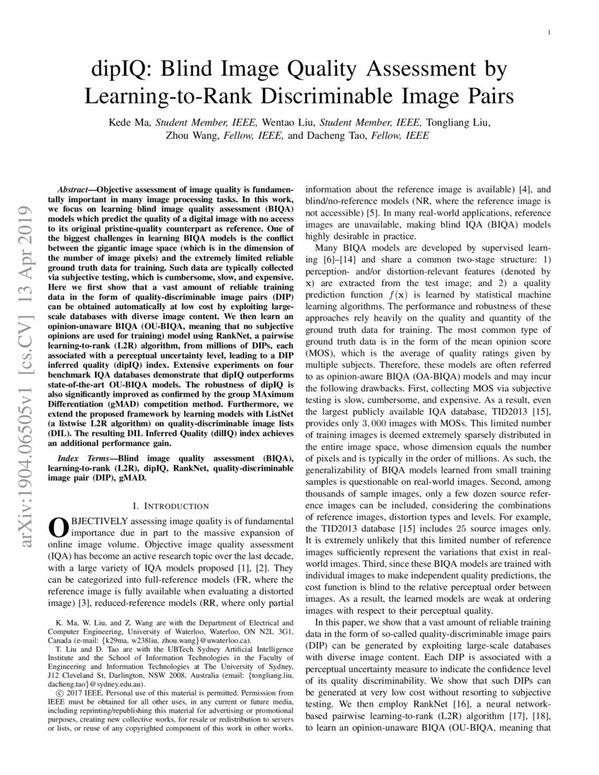 dipIQ: Blind Image Quality Assessment by Learning-to-Rank Discriminable Image Pairs | DeepAI