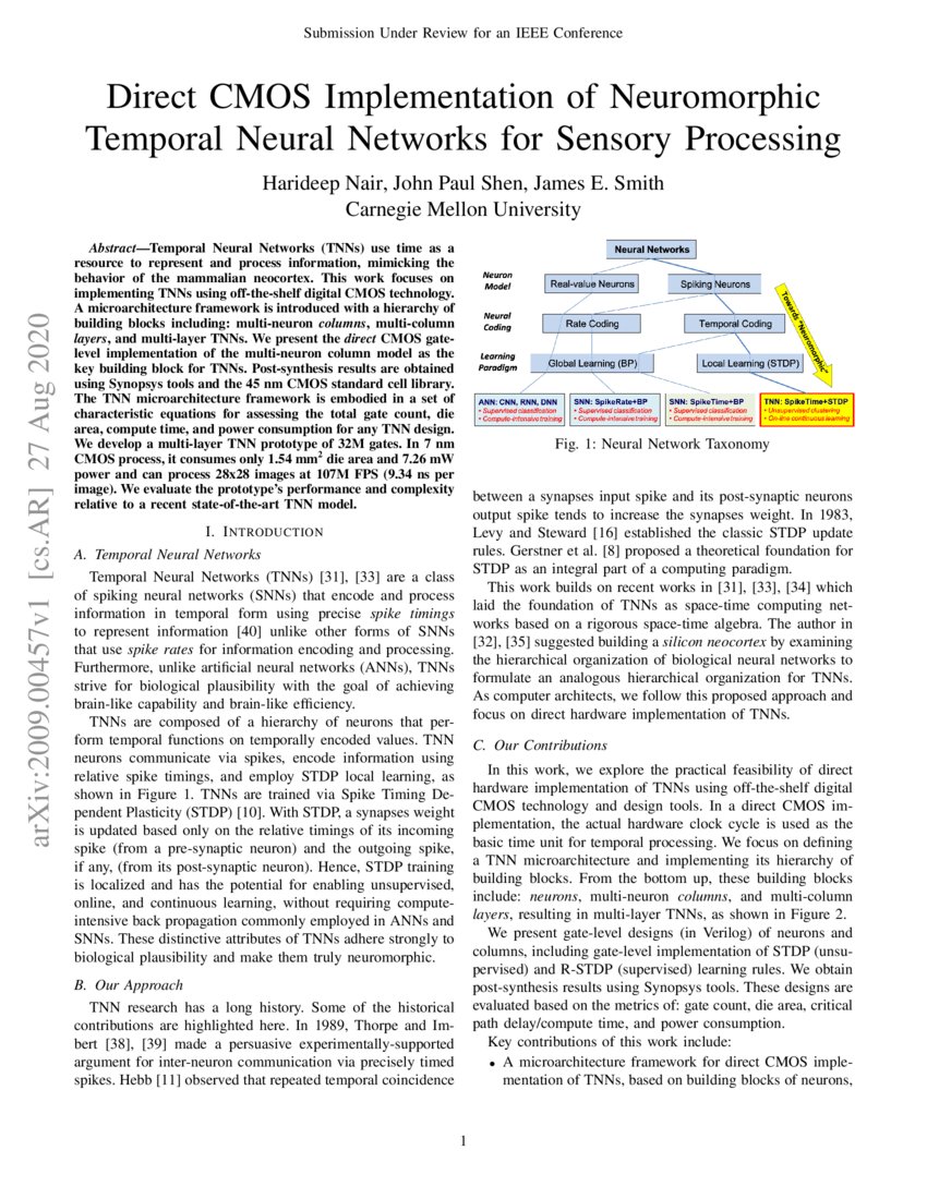 Direct Cmos Implementation Of Neuromorphic Temporal Neural Networks For Sensory Processing Deepai