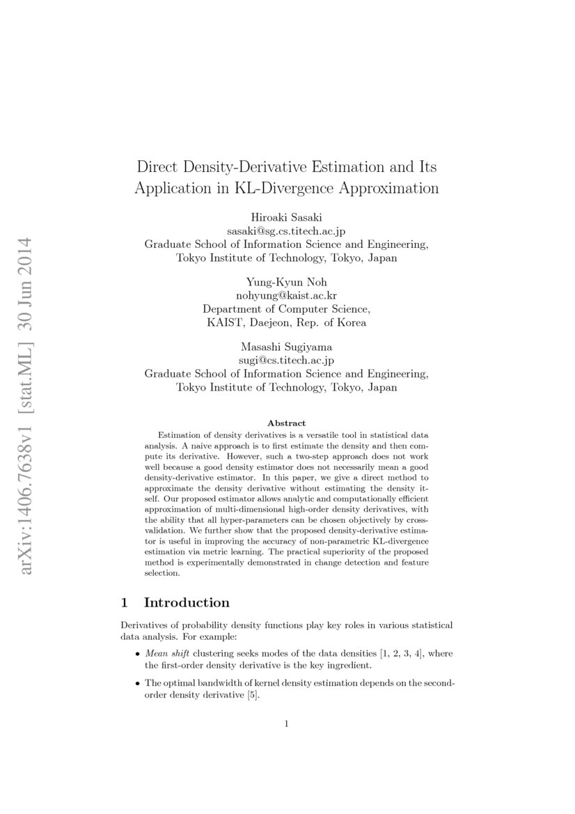Direct Density-Derivative Estimation and Its Application in KL-Divergence Approximation | DeepAI