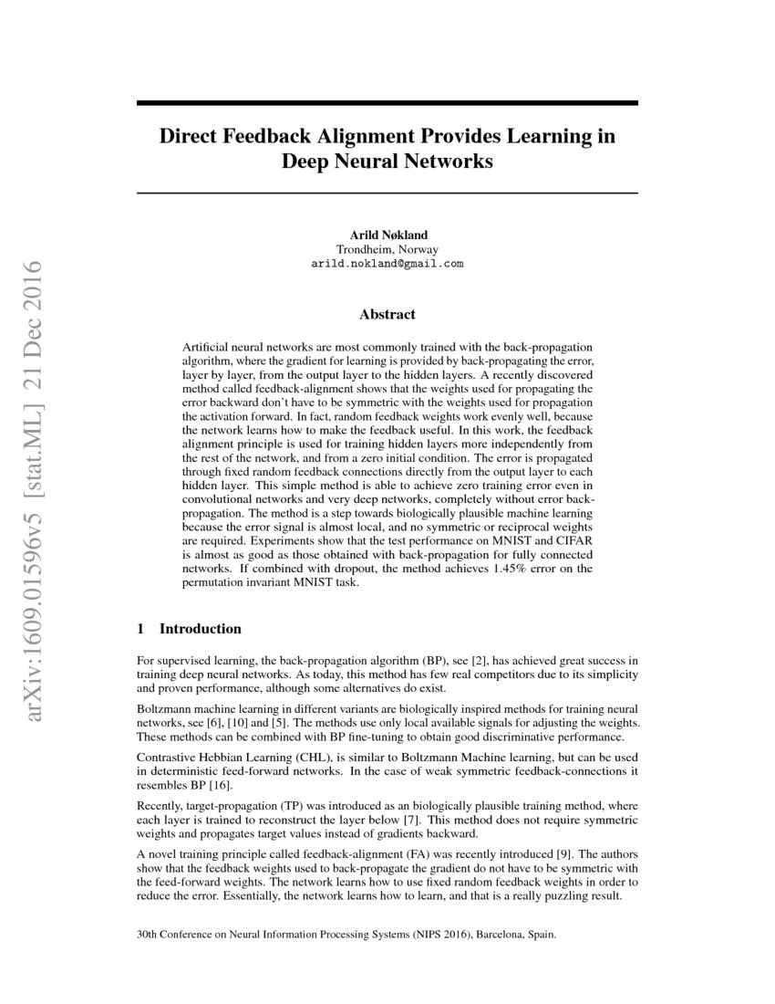 Direct Feedback Alignment Provides Learning in Deep Neural Networks | DeepAI
