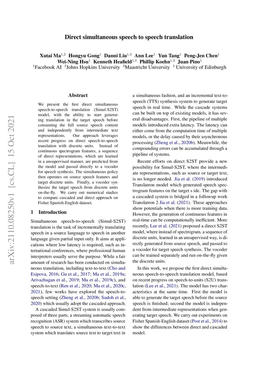 Direct simultaneous speech to speech translation | DeepAI