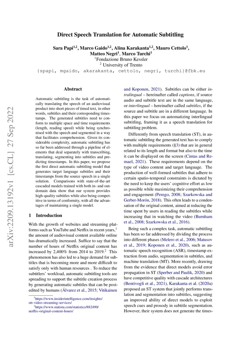 Direct Speech Translation for Automatic Subtitling | DeepAI