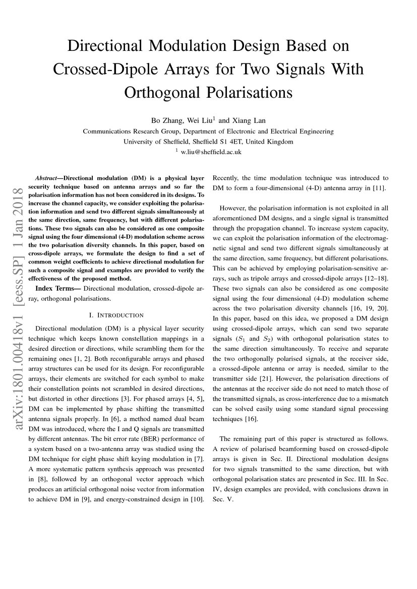 Directional Modulation Design Based On Crossed Dipole Arrays For Two Signals With Orthogonal