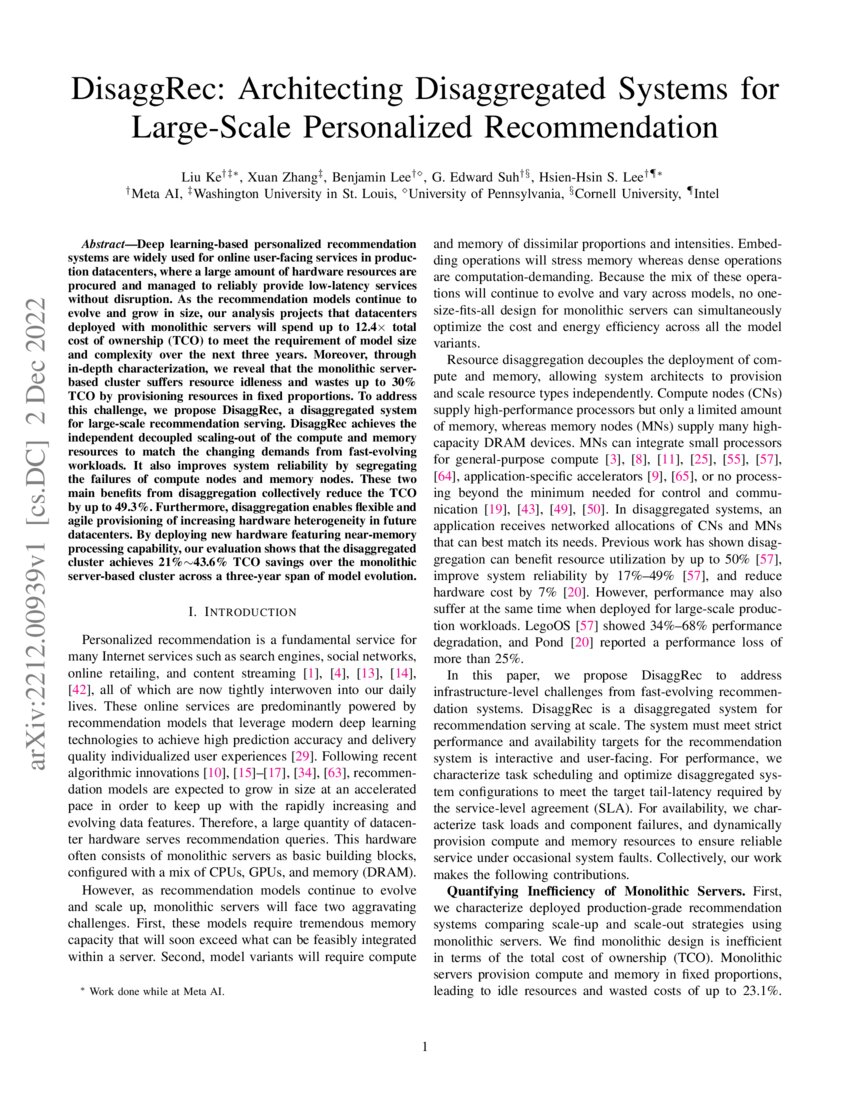 DisaggRec: Architecting Disaggregated Systems for Large-Scale Personalized Recommendation | DeepAI