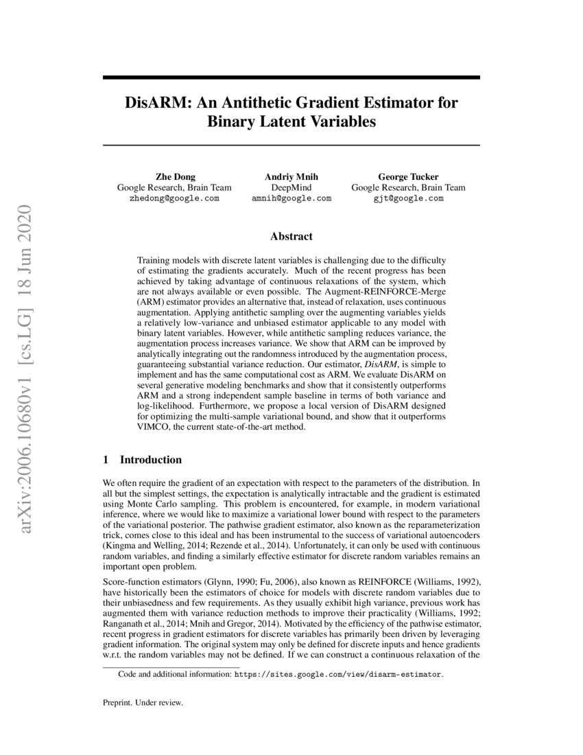 DisARM: An Antithetic Gradient Estimator for Binary Latent Variables | DeepAI