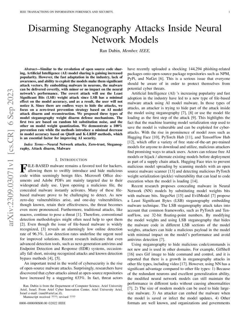 Disarming Steganography Attacks Inside Neural Network Models | DeepAI