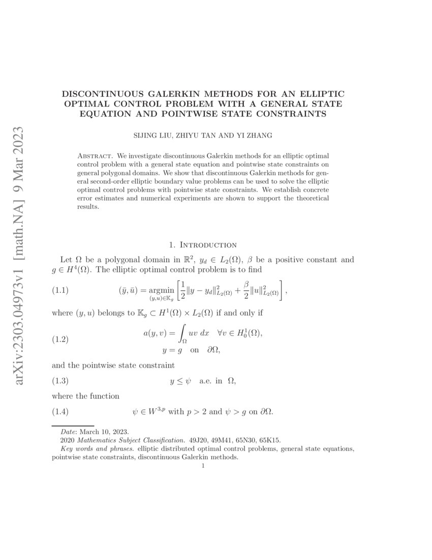 Discontinuous Galerkin Methods For An Elliptic Optimal Control Problem With A General State 