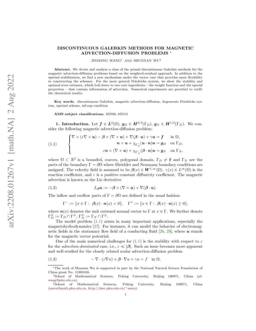 Discontinuous Galerkin Methods For Magnetic Advection Diffusion Problems Deepai