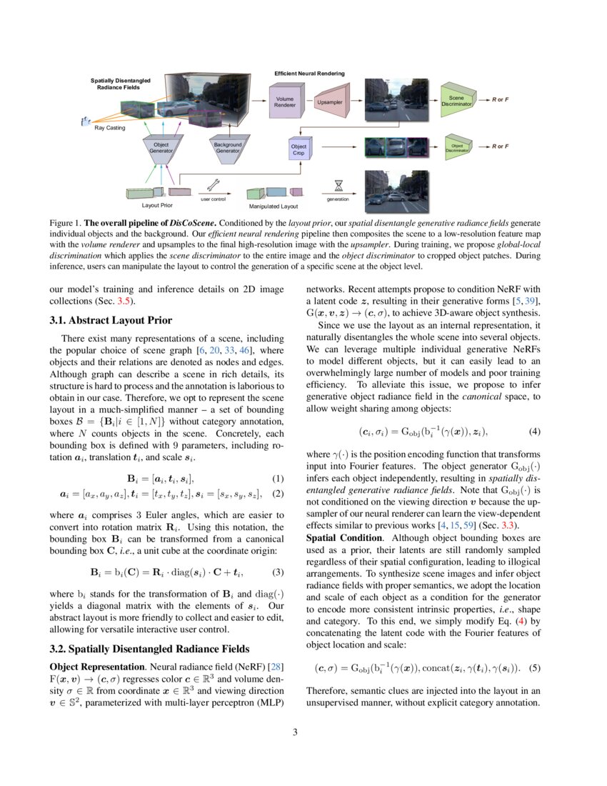 DisCoScene: Spatially Disentangled Generative Radiance Fields for Controllable 3D-aware Scene ...