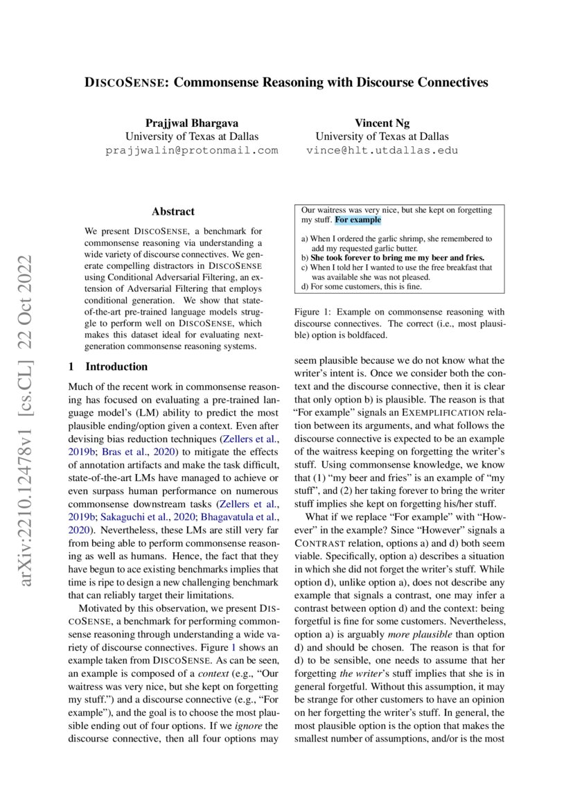 Discosense Commonsense Reasoning With Discourse Connectives Deepai