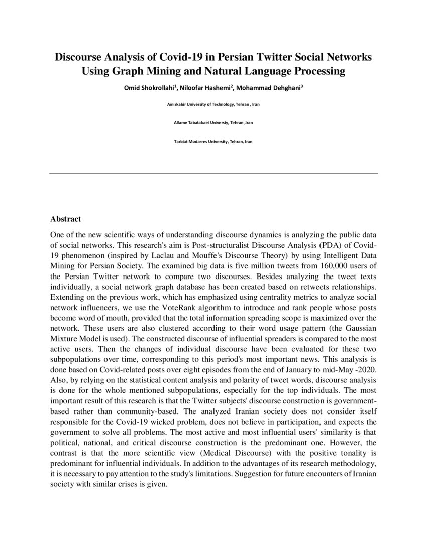 Discourse Analysis of Covid-19 in Persian Twitter Social Networks Using ...