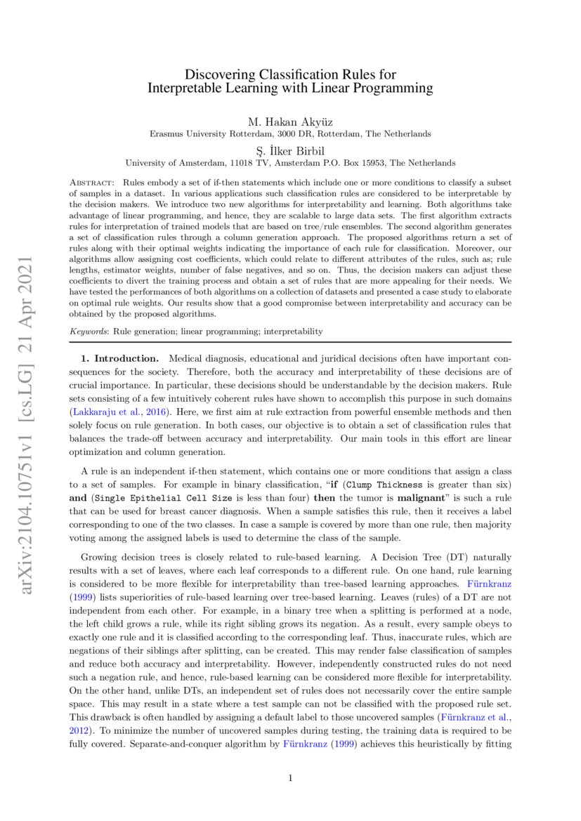 Discovering Classification Rules For Interpretable Learning With Linear Programming Deepai