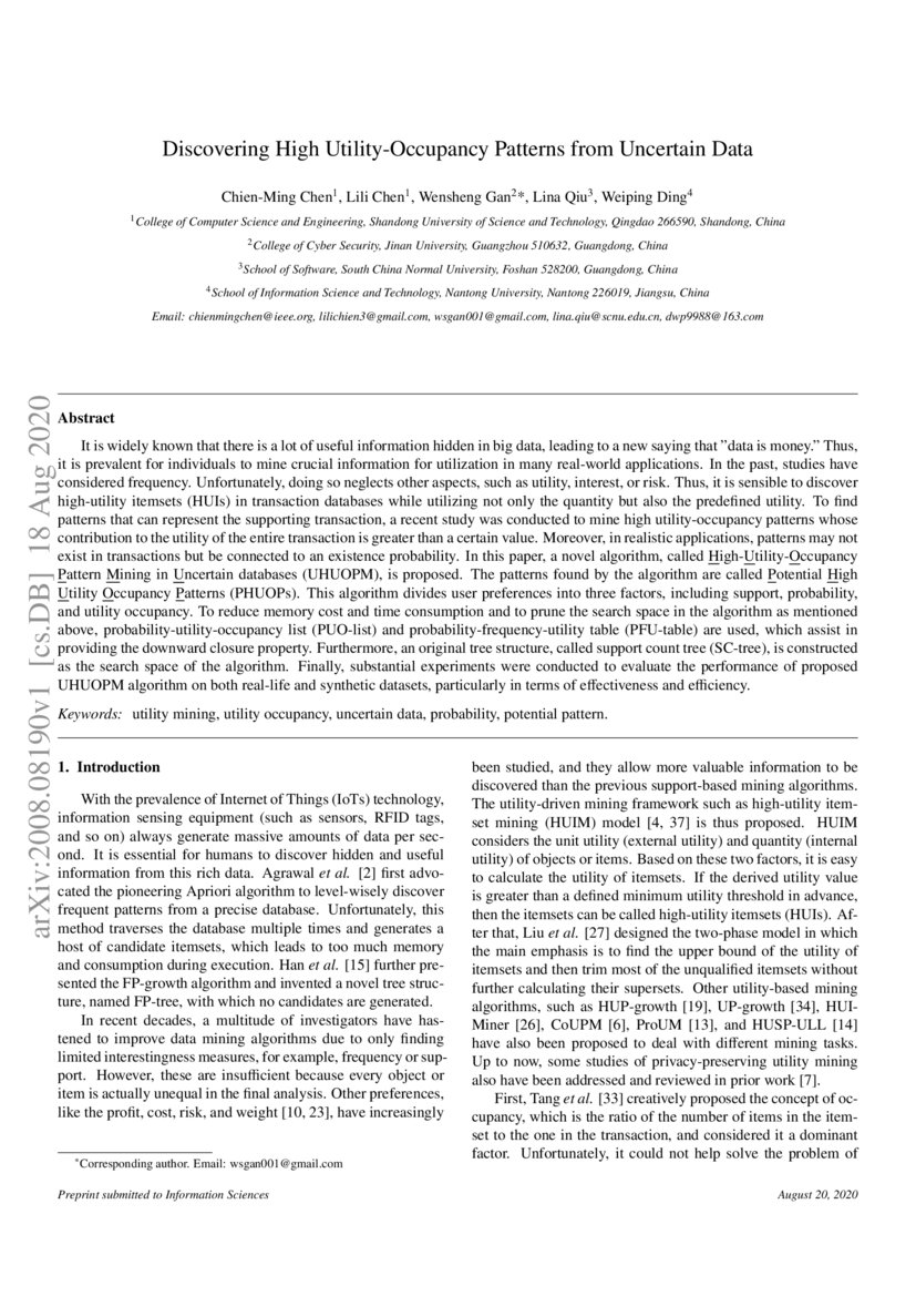 Discovering High Utility-Occupancy Patterns from Uncertain Data | DeepAI