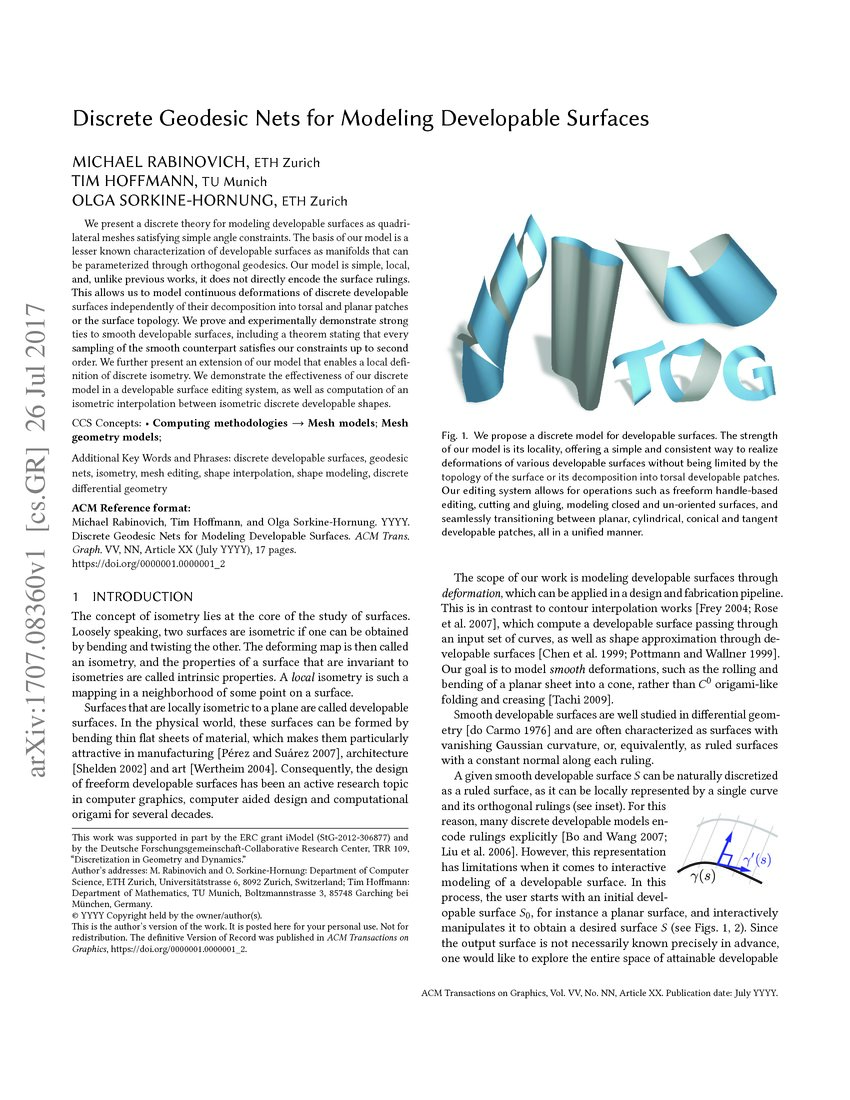 Discrete Geodesic Nets for Modeling Developable Surfaces | DeepAI
