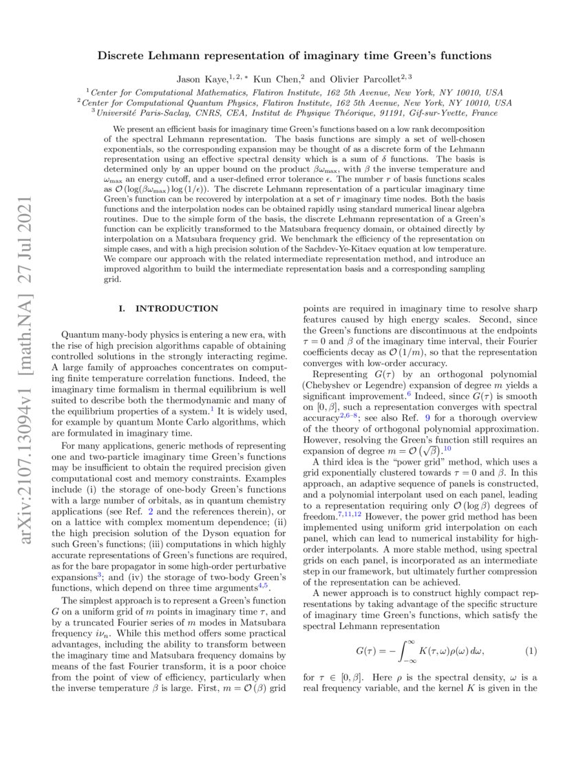 Discrete Lehmann representation of imaginary time Green's functions ...