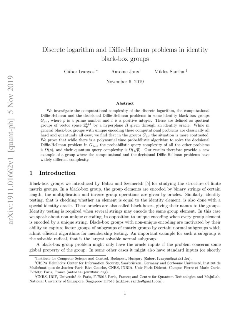Discrete logarithm and Diffie-Hellman problems in identity black-box groups | DeepAI