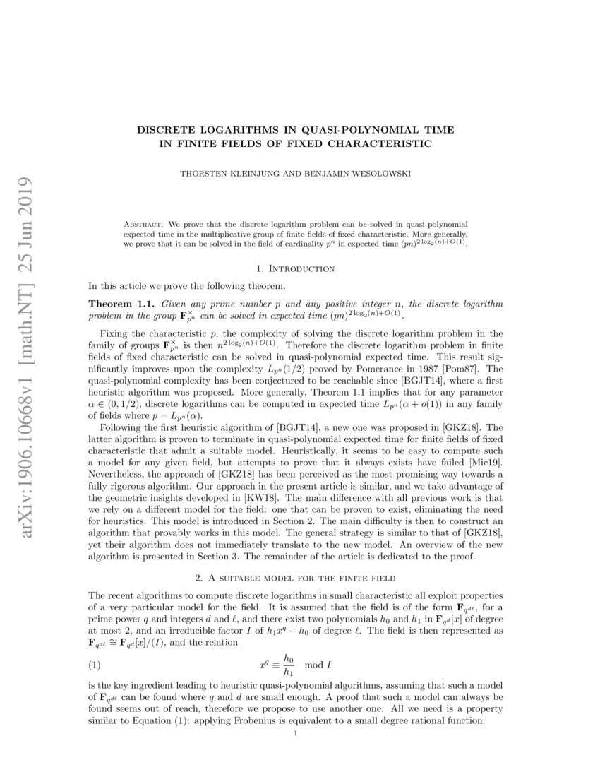 Discrete Logarithms In Quasi Polynomial Time In Finite Fields Of Fixed Characteristic Deepai