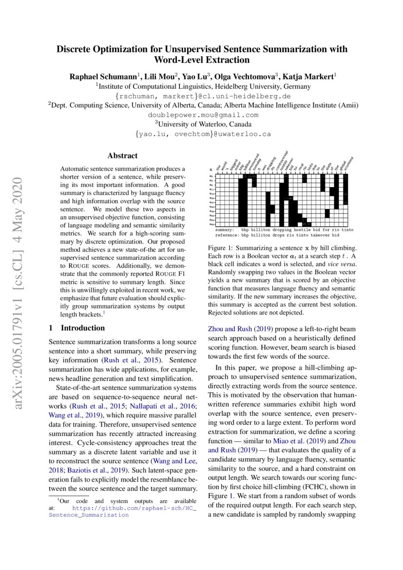 Discrete Optimization For Unsupervised Sentence Summarization With Word
