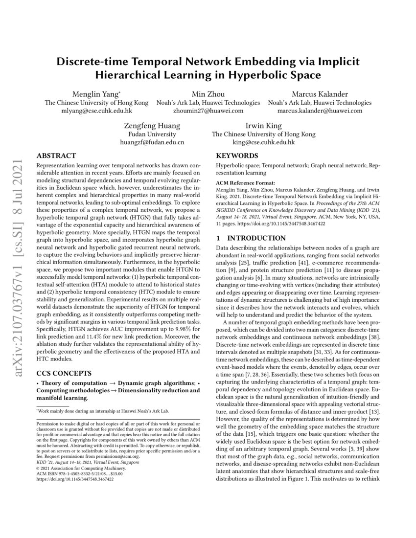 Discrete Time Temporal Network Embedding Via Implicit Hierarchical Learning In Hyperbolic Space