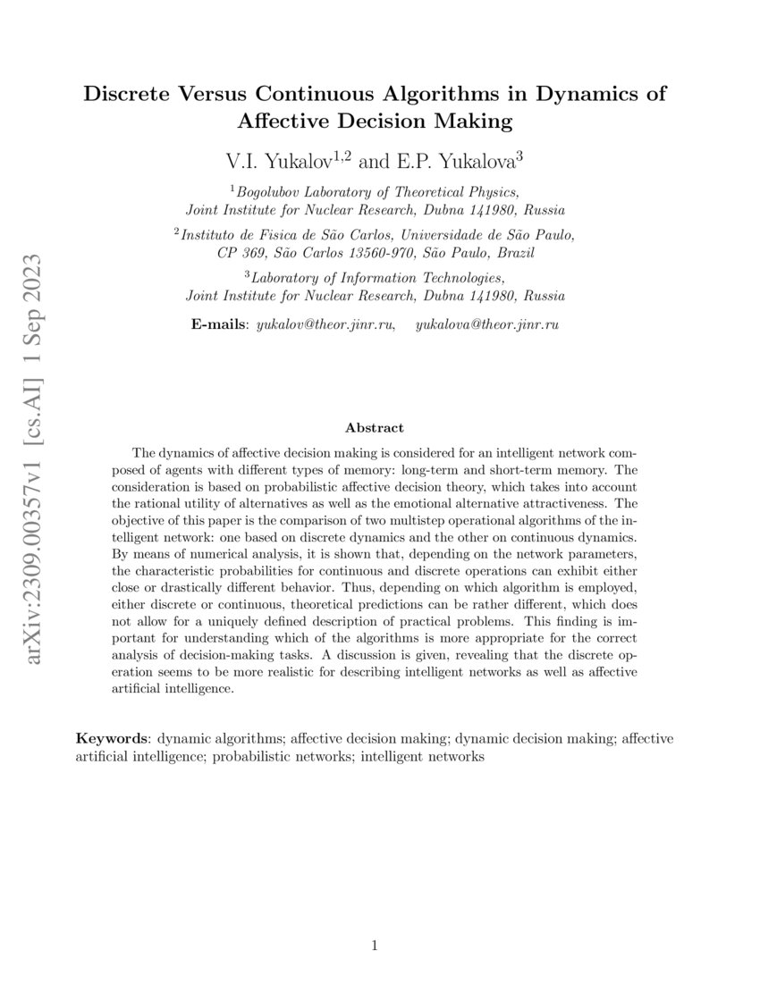 Discrete Versus Continuous Algorithms In Dynamics Of Affective Decision Making Deepai