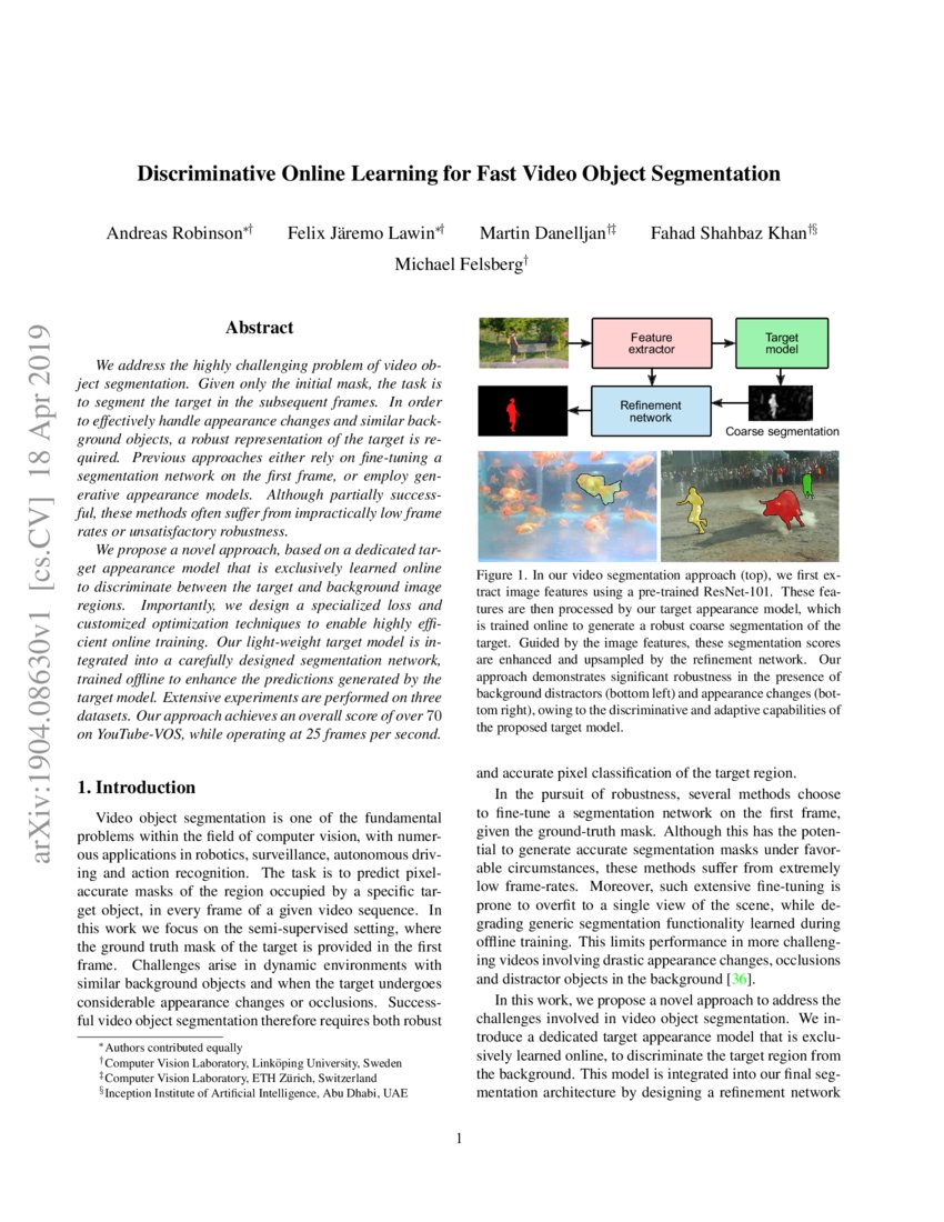Discriminative Online Learning for Fast Video Object Segmentation | DeepAI