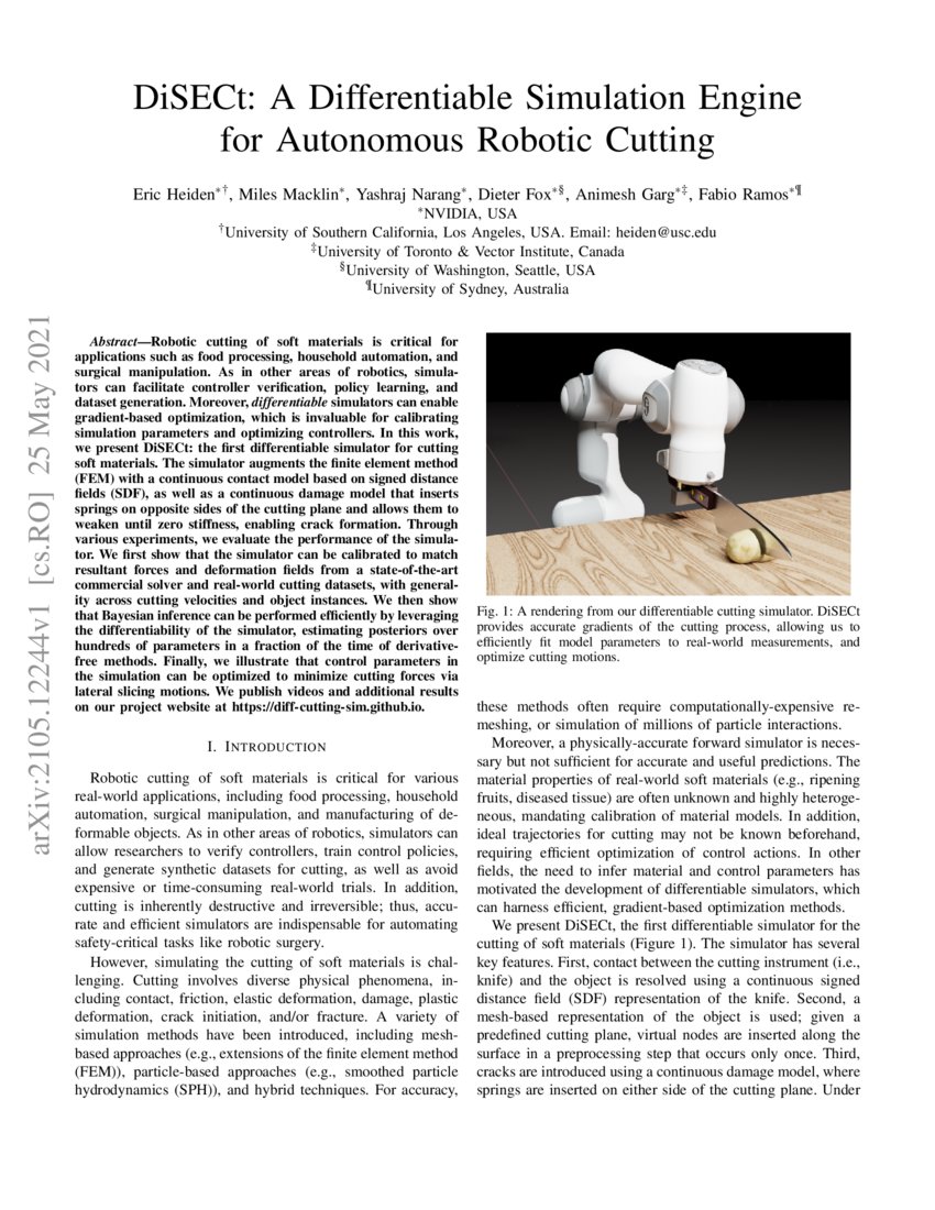 DiSECt: A Differentiable Simulation Engine for Autonomous Robotic Cutting | DeepAI