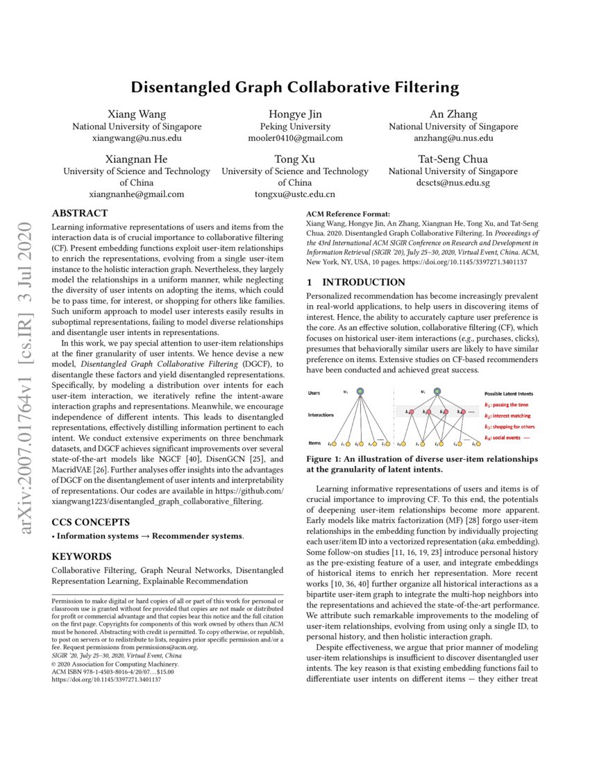 Disentangled Graph Collaborative Filtering | DeepAI