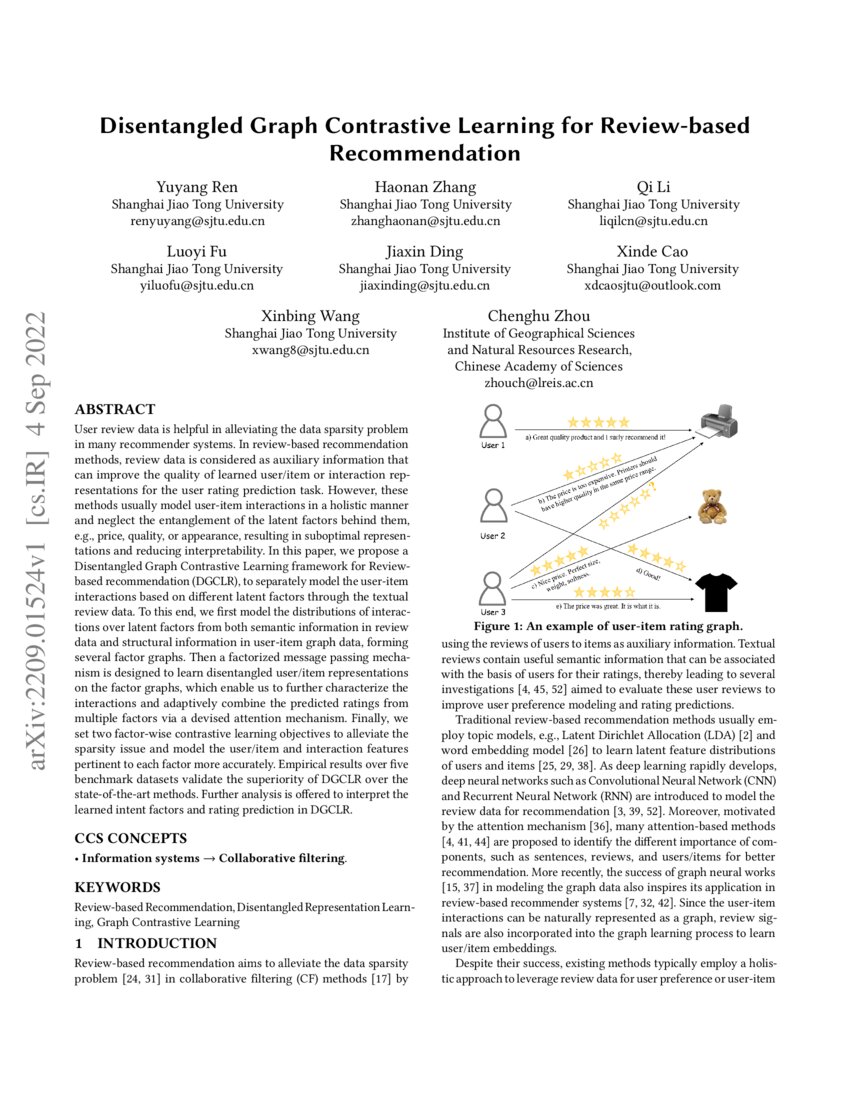 Disentangled Graph Contrastive Learning for Review-based Recommendation ... Disentangled Graph Contrastive Learning for Review-based Recommendation ...