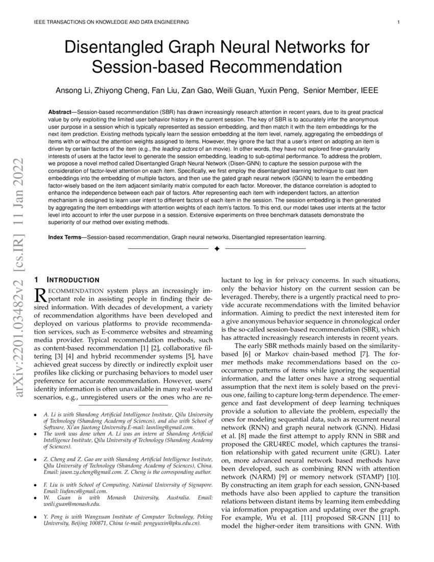 Disentangled Graph Neural Networks for Session-based Recommendation | DeepAI
