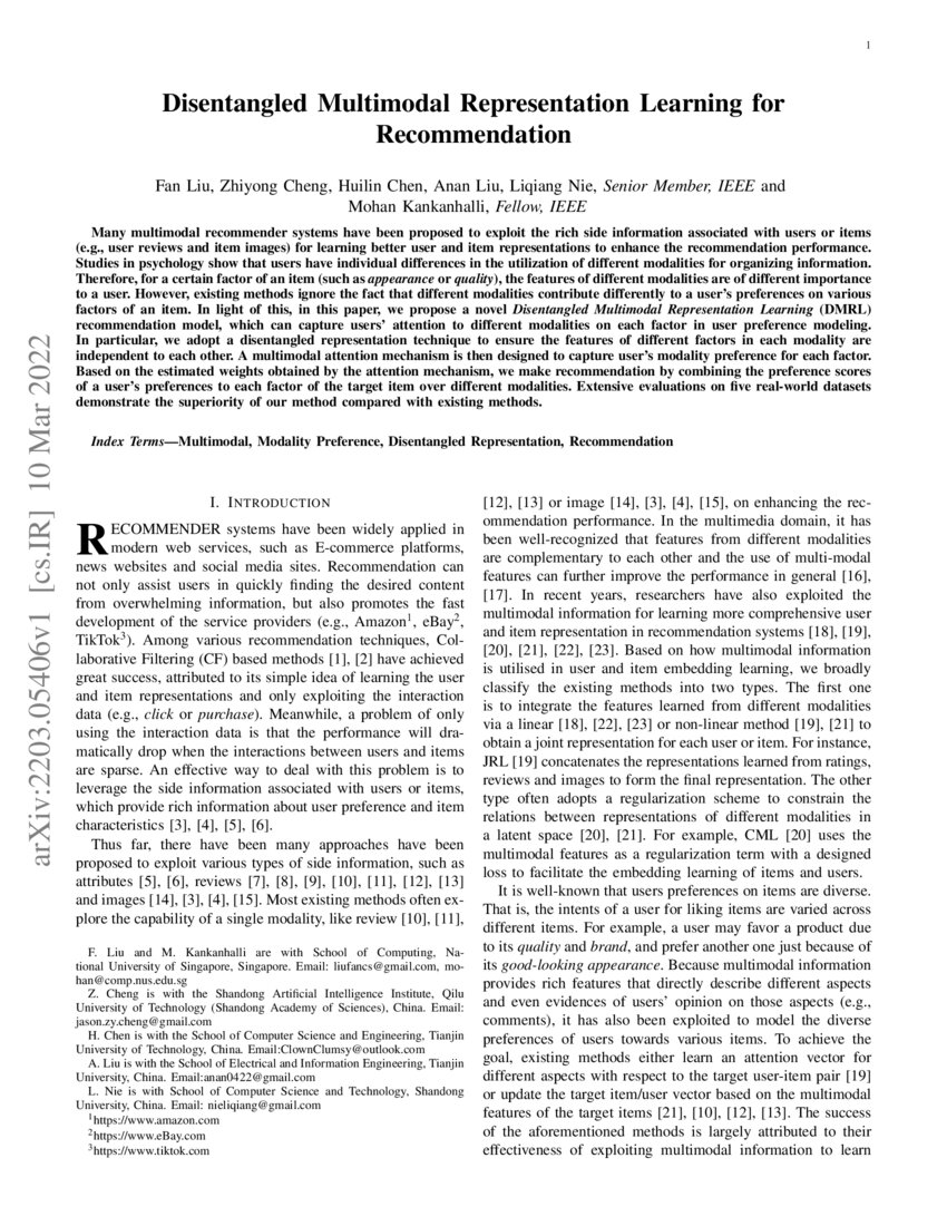 Disentangled Multimodal Representation Learning for Recommendation | DeepAI