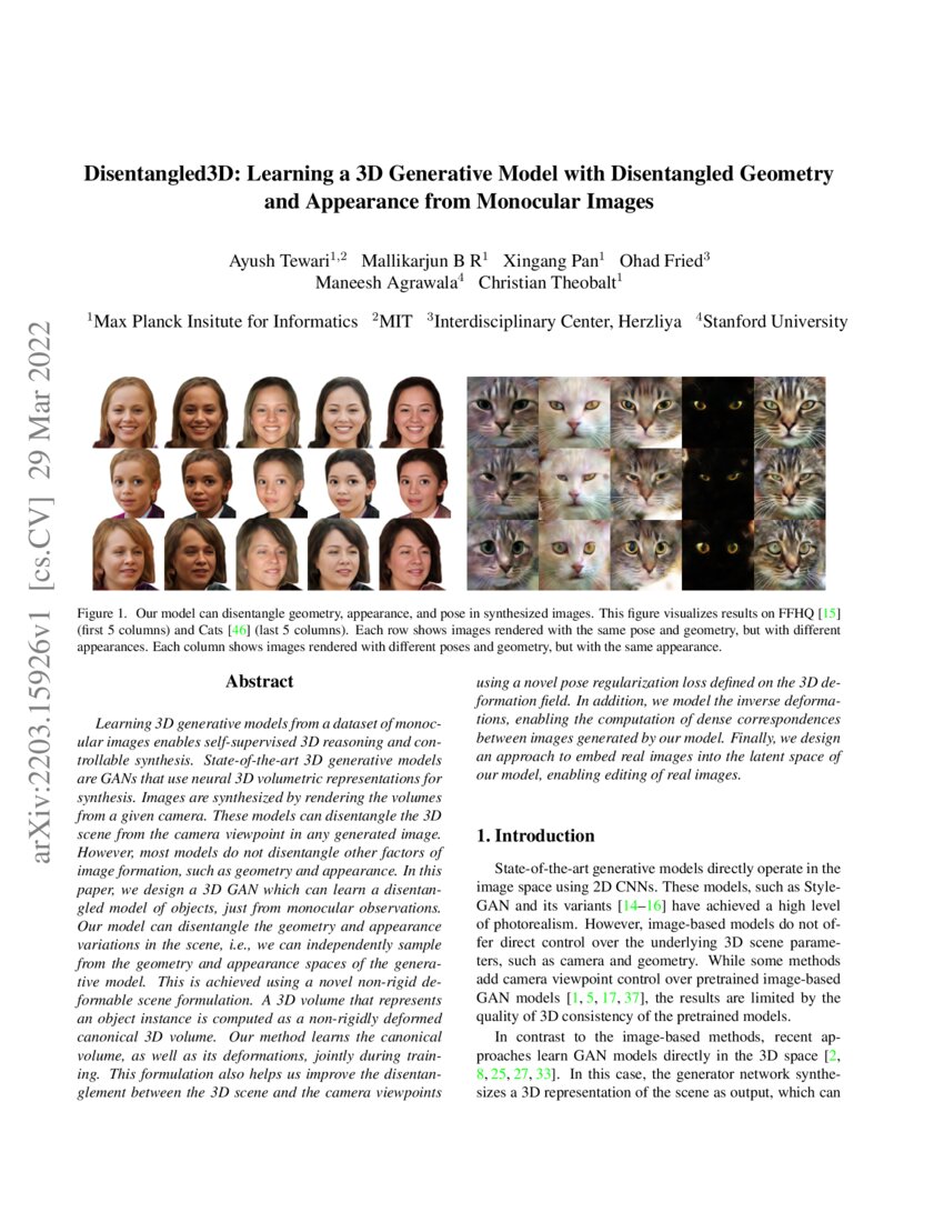 Disentangled3D: Learning a 3D Generative Model with Disentangled Geometry and Appearance from ...