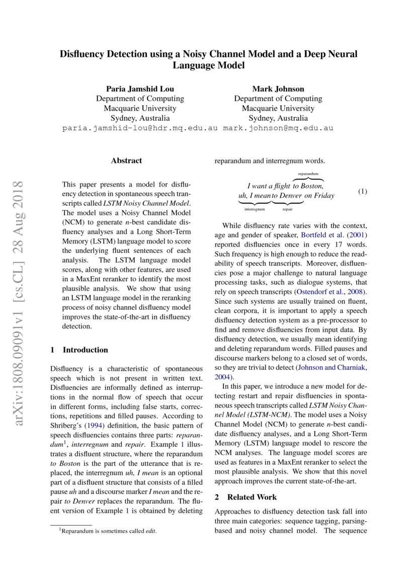 Disfluency Detection using a Noisy Channel Model and a Deep Neural Language Model | DeepAI
