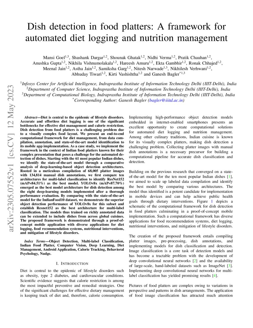 Dish detection in food platters: A framework for automated diet logging ...