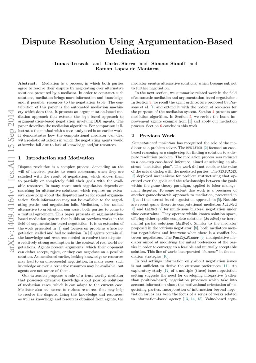 Dispute Resolution Using Argumentation-Based Mediation | DeepAI