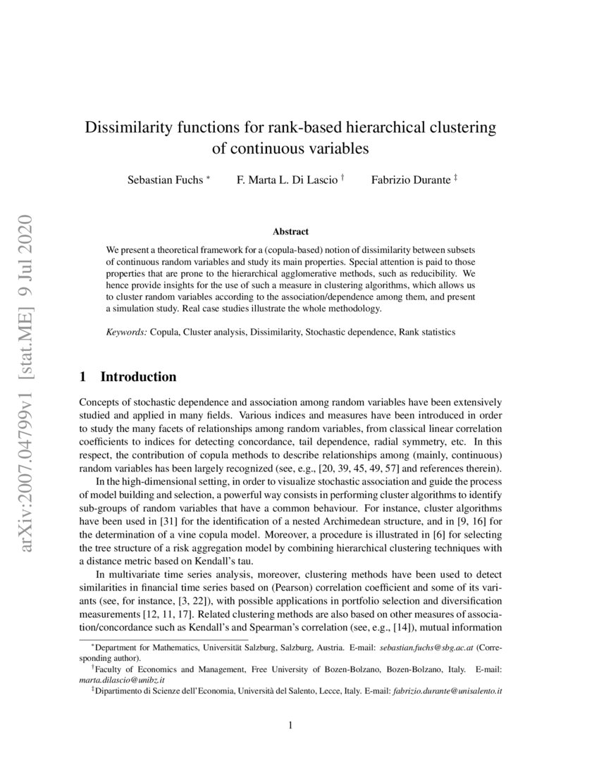 Dissimilarity functions for rank-based hierarchical clustering of continuous variables | DeepAI